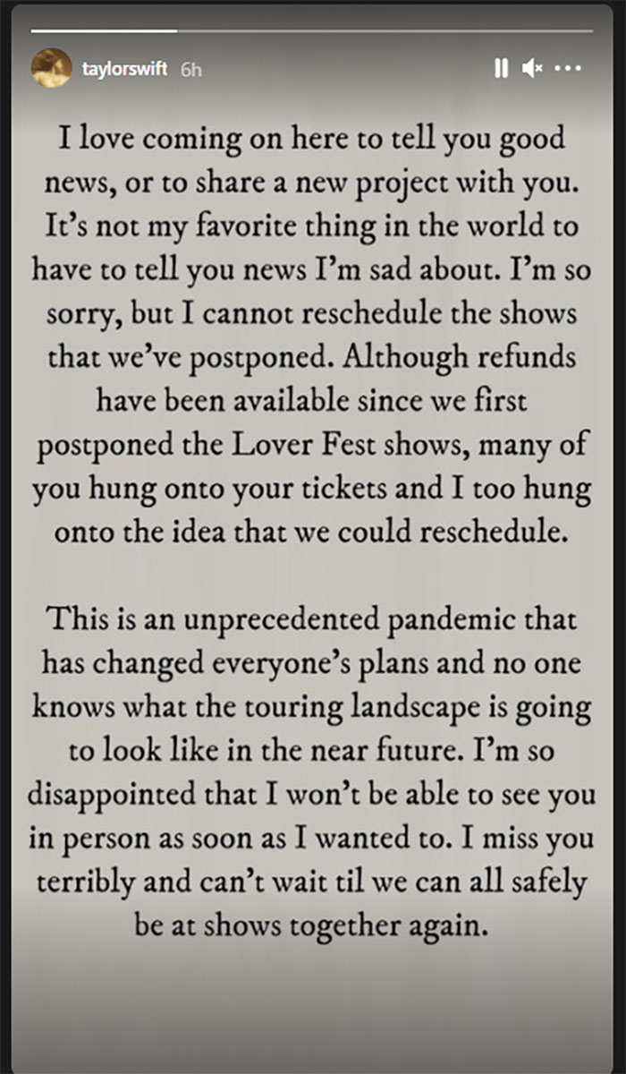 Taylor Swift cancels ‘Lover Fest’ tour amid ‘unprecedented’ coronavirus ... Taylor Swift cancels ‘Lover Fest’ tour amid ‘unprecedented’ coronavirus ...