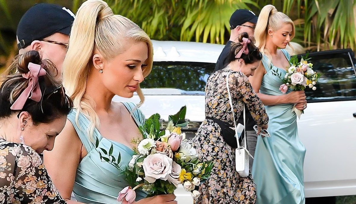 Paris Hilton stuns in baby blue satin maxi dress at Lele Pons' wedding ...